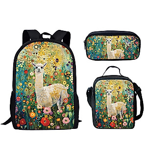 Forchrinse Cute Llama Floral Print Backpack School Bookbag with Lunch Bag Pencil Case for Boys Girls