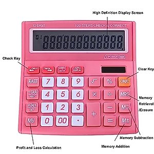 Office Desk Calculator 12 Digits with Solar Power and Easy to Read HD LCD Display, Big Buttons, for Financial Affairs,Home, Office, School, Class and Business,with Battery，Pink