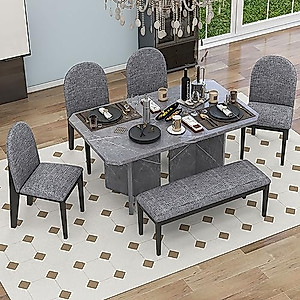 LUMISOL Faux Marble Kitchen Table Set with Chairs and Bench 6 Piece Dining Room Table Set Modern Style Dining Set Furniture for 6 Persons