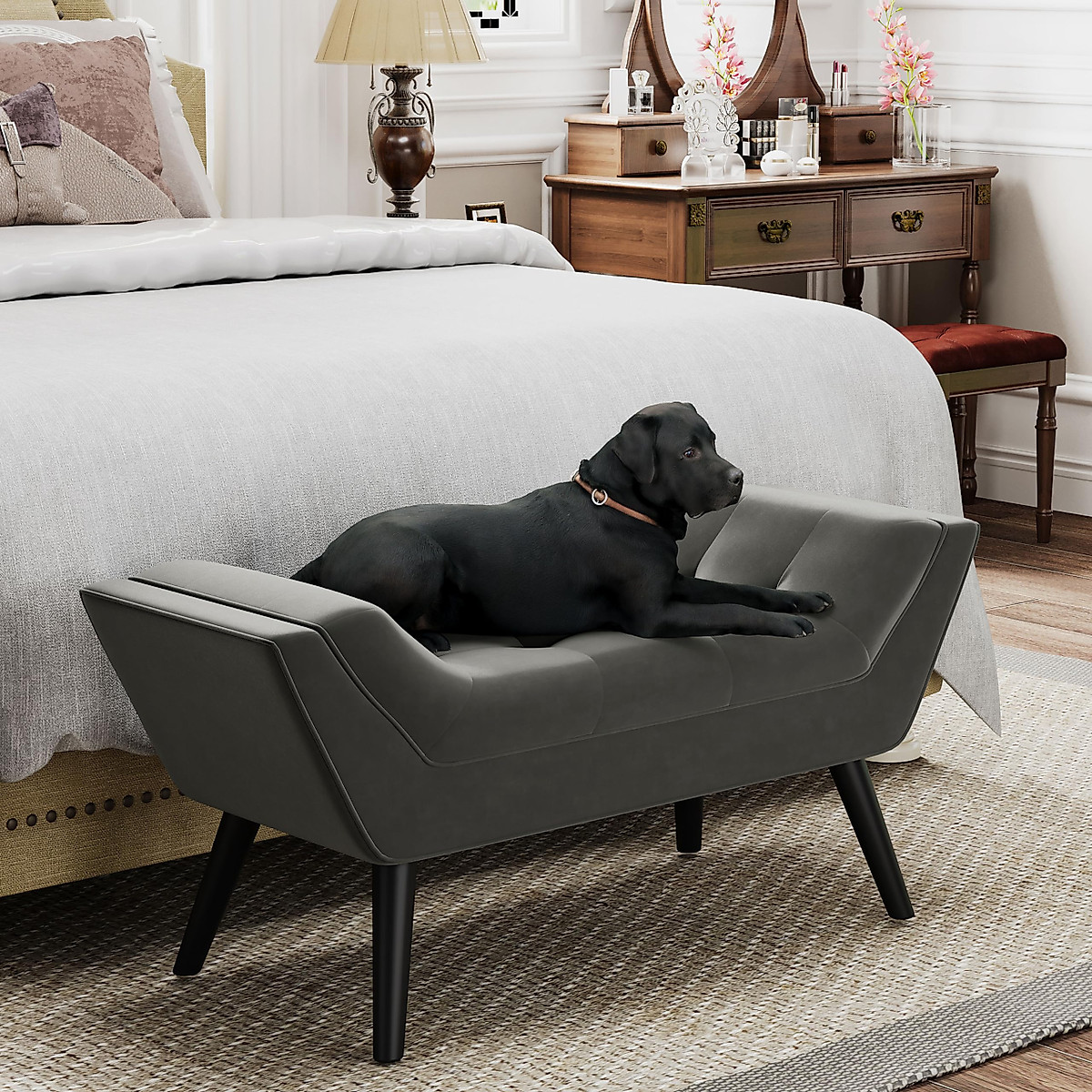 Andeworld Upholstered Tufted Small Cute Bench Ottoman for Entryway Foyer Bathroom Vanity Bedroom (One Seater, Dark Grey)