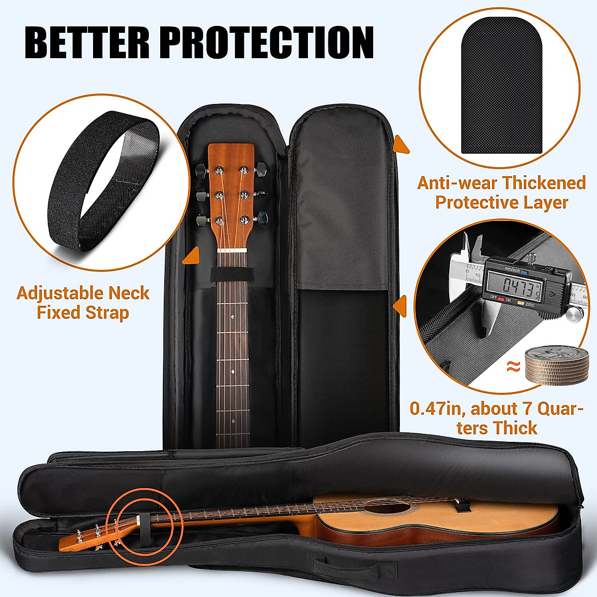 CAHAYA 44 Inch Guitar Bag Multi-pockets for Jumbo and Dreadnought Yellow Line Guitar Case 0.47in Thick Padding Water Resistent Dual Adjustable Shoulder Strap Gig Bag with Back Hanger Loop CY0284