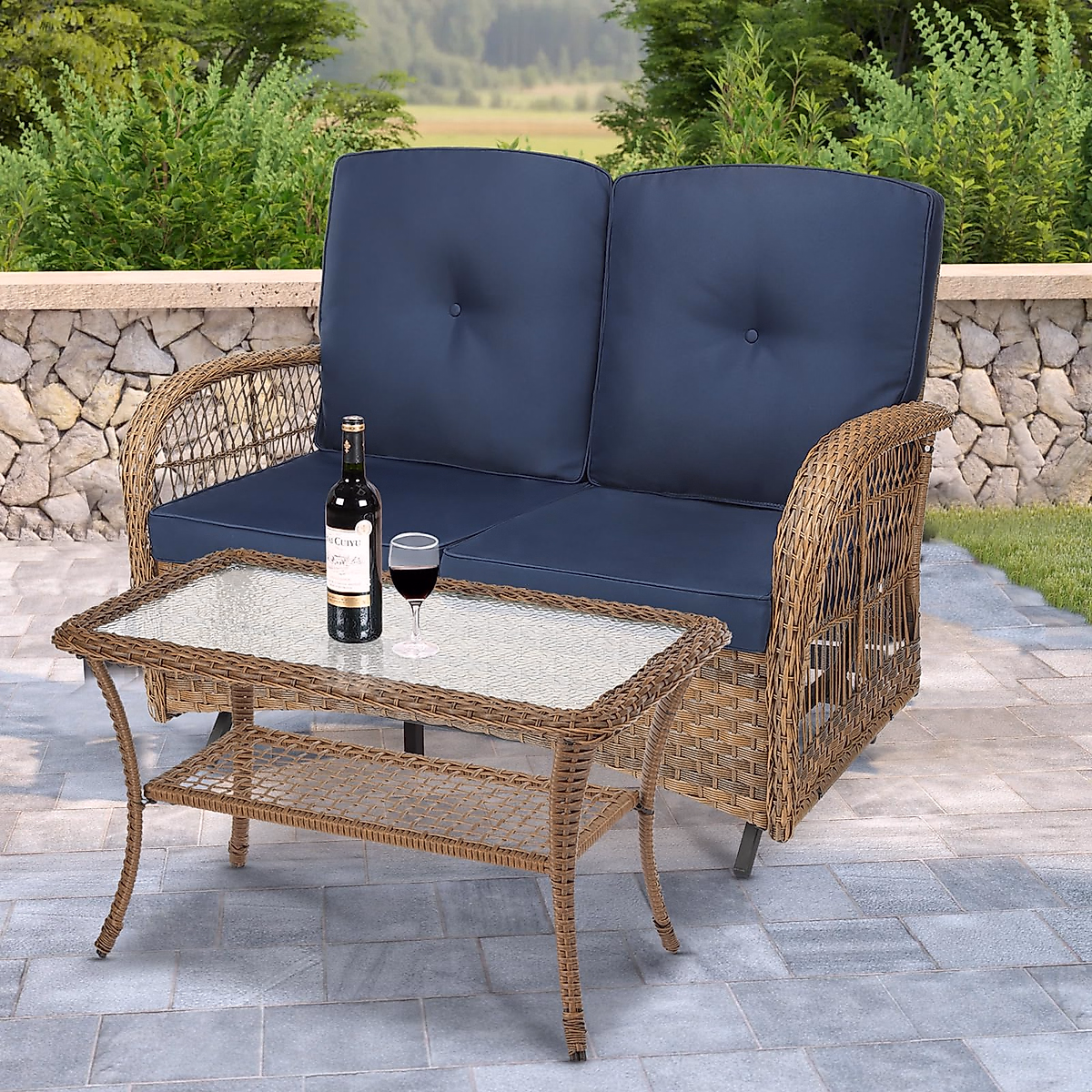 W WARMHOL 2-Person Outdoor Glider Bench Patio Double Swing Rocking Chair with Glass-Top Coffee Table, Patio Glider Wicker Porch Loveseat Seating Patio Steel Frame Chair Set with Cushion, Navy Blue
