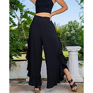 ENOPINK Women's Boho Elastic High Waisted Ruffle Hem Ruched Solid Loose Fit Wide Leg Palazzo Pants(Black XL)