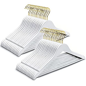 Amber Home Solid Wood Suit Coat Hangers 30 Pack, Smooth White Finish Wooden Dress Hangers with Non Slip Pant Bar, Clothes Hangers with Gold Hook & Notches for Jacket, Pant, Shirt (White+Gold, 30)