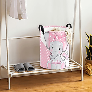 Polka Dot Cute Elephant Large Laundry Basket Custom Name Foldable Clothes Bag Collapsible Fabric Laundry Hamper Folding Washing Bin for Gift, 19.69 inches (height) x 14.17 inches (diameter)