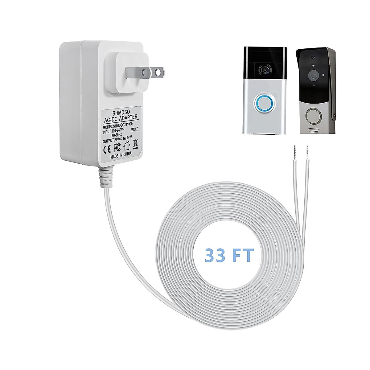 DC 24Volt Transformer,C Wire Adapter,33 FT Long Cable,Compatible with Ring Doorbell Transformer and Thermostat for Sensi,ecobee and Honeywell Transformer