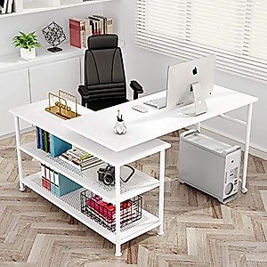 Tribesigns Modern L-Shaped Desk with Storage Shelves, 360°Rotating Desk Corner Computer Desk Study Writing Table Workstation with Open Shelves for Home Office, High Glossy Finish (White)