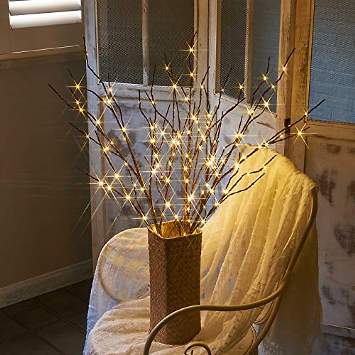 LITBLOOM Lighted Brown Willow Branches with Timer and Dimmer 2 Sets Tree Branch with Warm White Lights for Holiday and Party Decoration 32IN 150 LED Waterproof Plug in