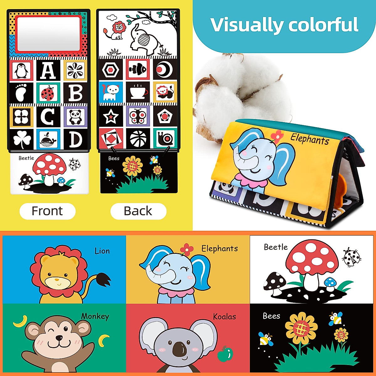 UNIH Tummy Time Floor Mirror Baby Toys with Teethers & Cloth Books - High Contrast Black & White Sensory Toy for Newborn Infant Babies Toys 0 3 6 Months