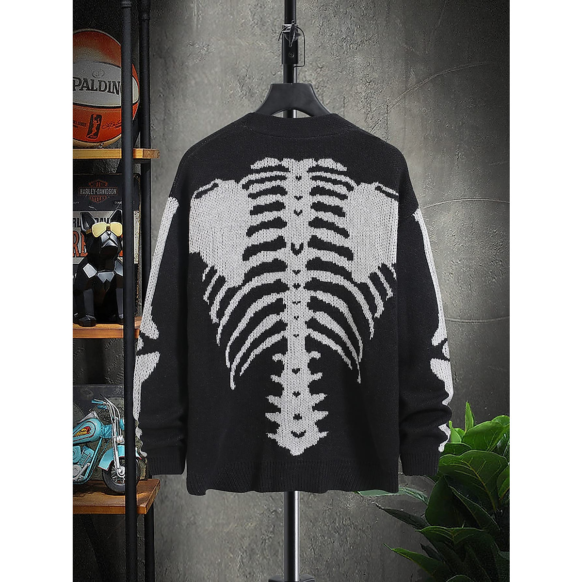 GORGLITTER Men's Skeleton Cardigan Sweater Y2K Long Sleeve Lightweight Open Front Sweater Black and White Large