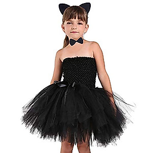 Tutu Dreams Halloween Cat Girl Costume for Kids Villain Role Play Outfits Carnival Masquerade Party (Catgirl, 5-6X) Black