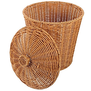VICASKY Storage Basket with Lid Dirty Clothes Wicker Waste Basket Bedroom Storage Basket Containers with Lids Wicker Trash Can Rattan Waste Basket Woven Garbage Basket Seaweed Bracket Pp