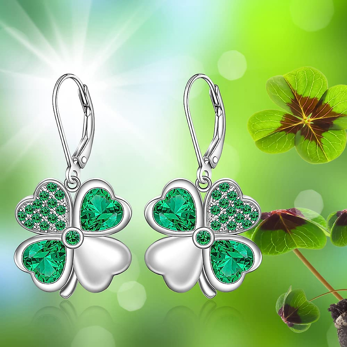 St Patricks Day Shamrock Earrings for Women Sterling Silver Four Leaf Clover Earrings Green Heart Cubic Zirconia Valentine Mothers Day Irish Shamrock Gifts