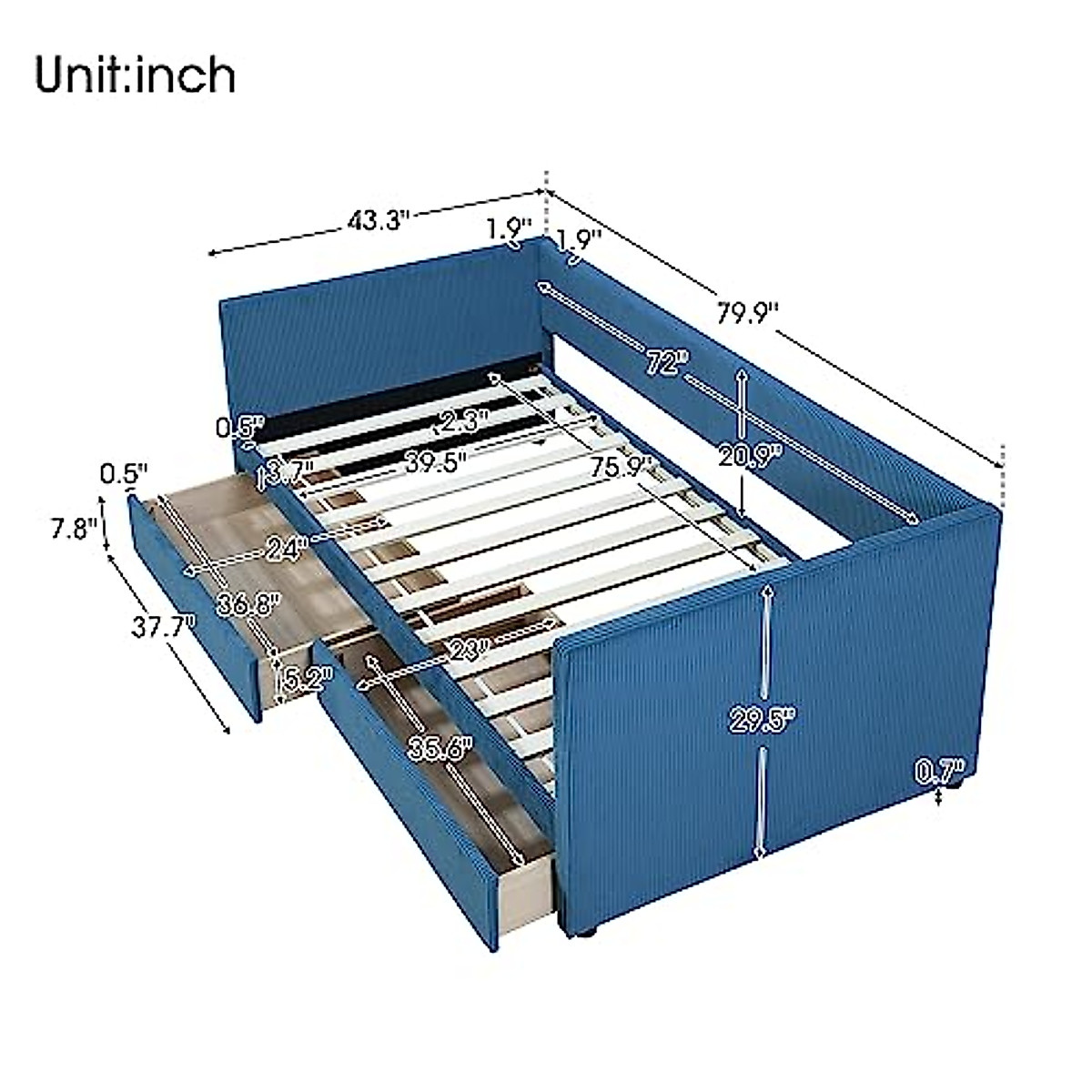 Merax Twin Size Corduroy Daybed with Two Drawers and Wood Slat,Sofa Bed Frame for Bedroom,Boys,Blue