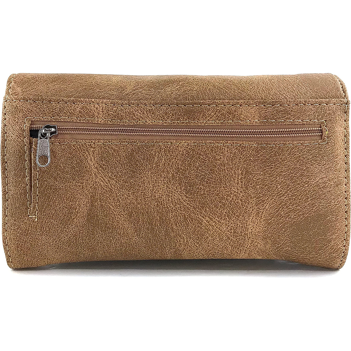 Justin West Rhinestone Cross Floral Embroidery Laser Cut Wristlet Trifold Wallet Attachable Long Strap (Tan)