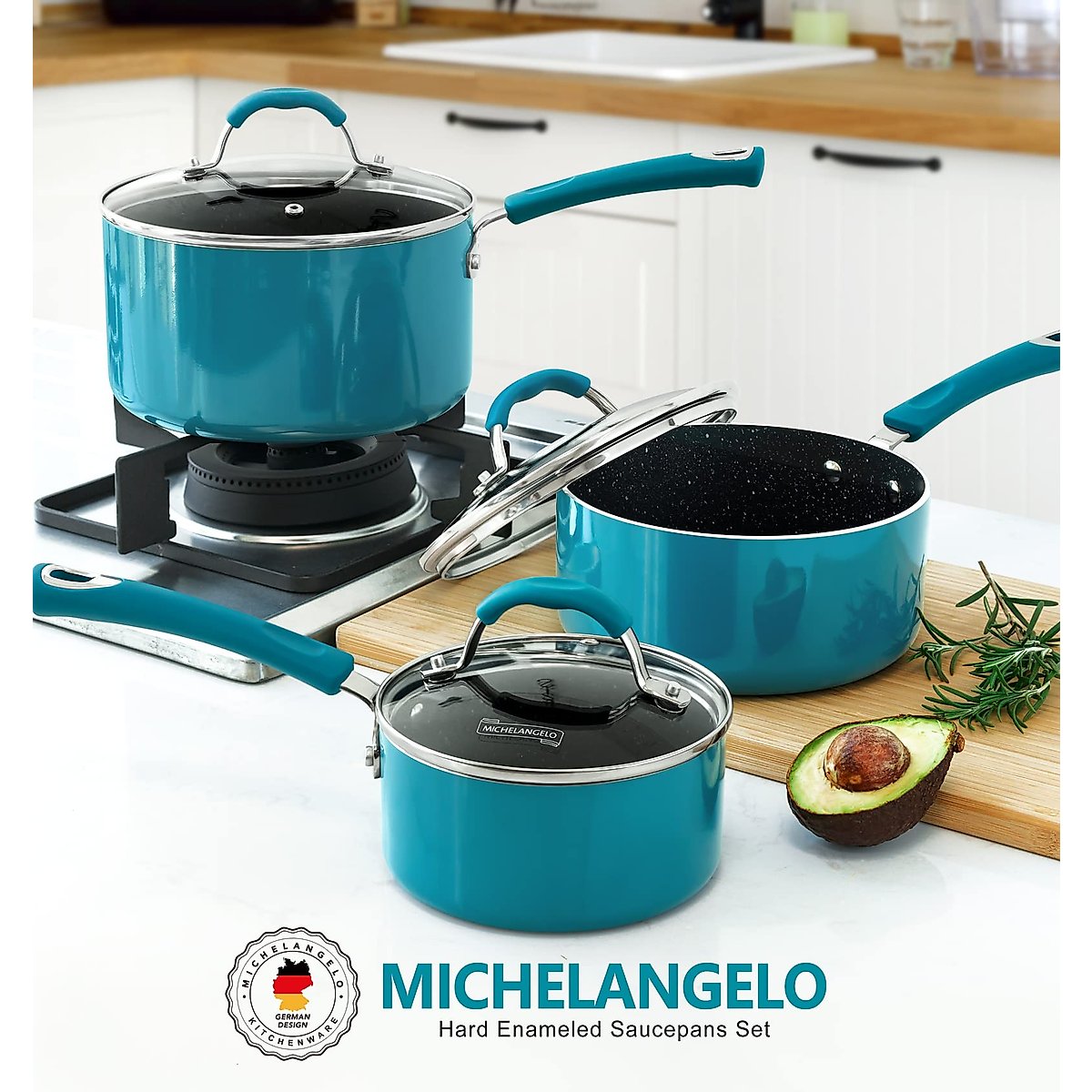 MICHELANGELO Sauce Pan Sets, Enamel Sauce Pan with Lid, 1Qt & 2Qt & 3Qt Saucepans with Lids, Nonstick Saucepan Set, Small Pot with Lid, Non Stick Sauce Pots with Silicone Handle, Oven Safe, Cyan