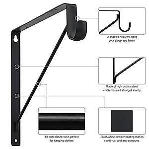 Closet Rod Brackets Heavy Duty with 46” Rod, Closet Shelf Brackets with Rod Holder, Closet Brackets for Both Shelf Storage and Closet Rod, Black Closet Shelf Support Pole Holder, 3 Pack