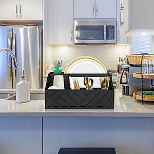 Paper Plate Dispenser, Paper Plate Holder for Kitchen Counter, Wood Rustic Silverware Utensil Caddy, Cutlery Flatware Organizer Box for Cups Spoons Forks Plates Napkins, Kitchen Accessories (Black)