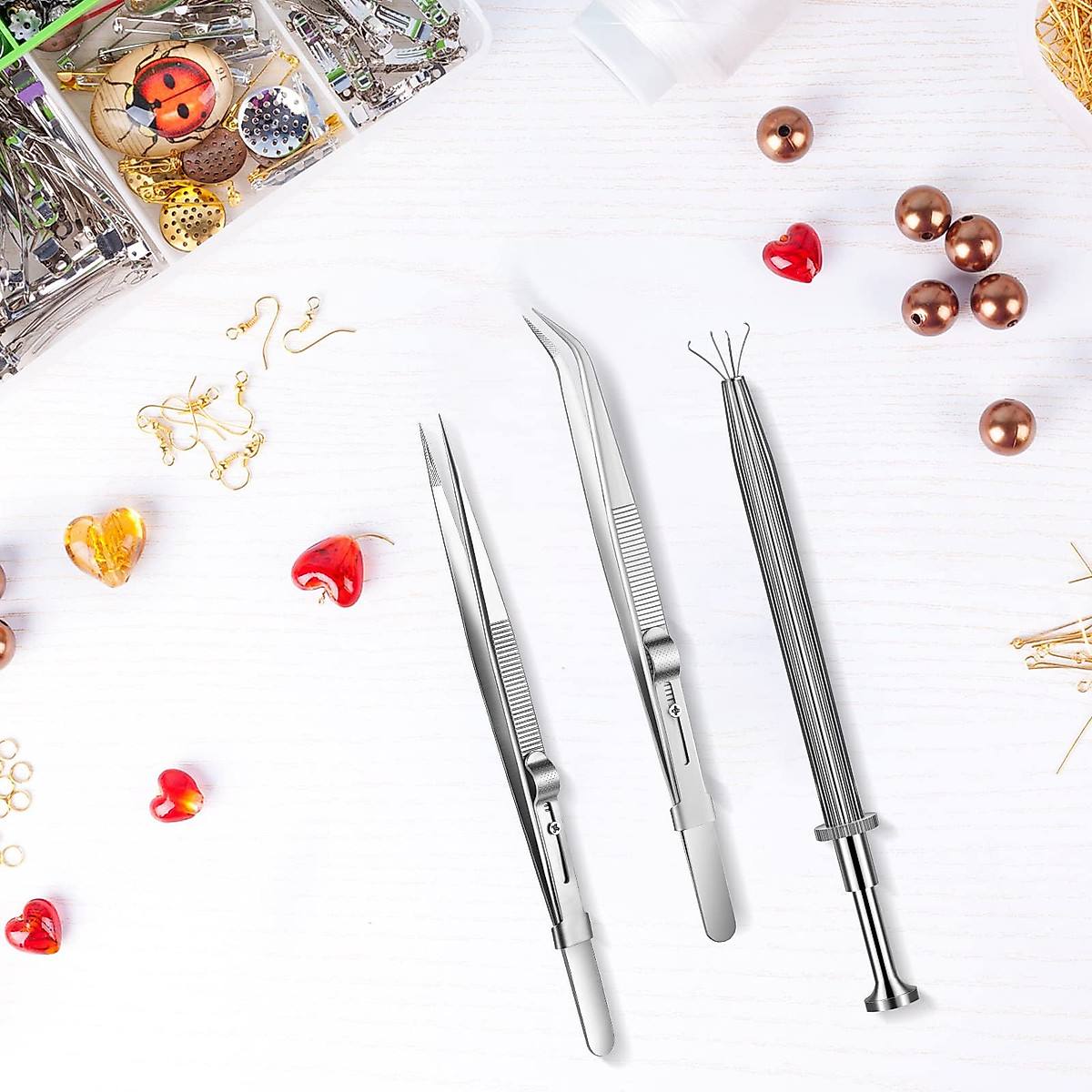 3 Pack Diamond Stone Jewelers Tools Holder Pick up Tool Stainless Steel Tweezers Diamond Claw Tweezers Parts Beads Diamond Gems Prong Tweezer Grabber Jewelry Locking Tweezers (Claw and Tweezers)