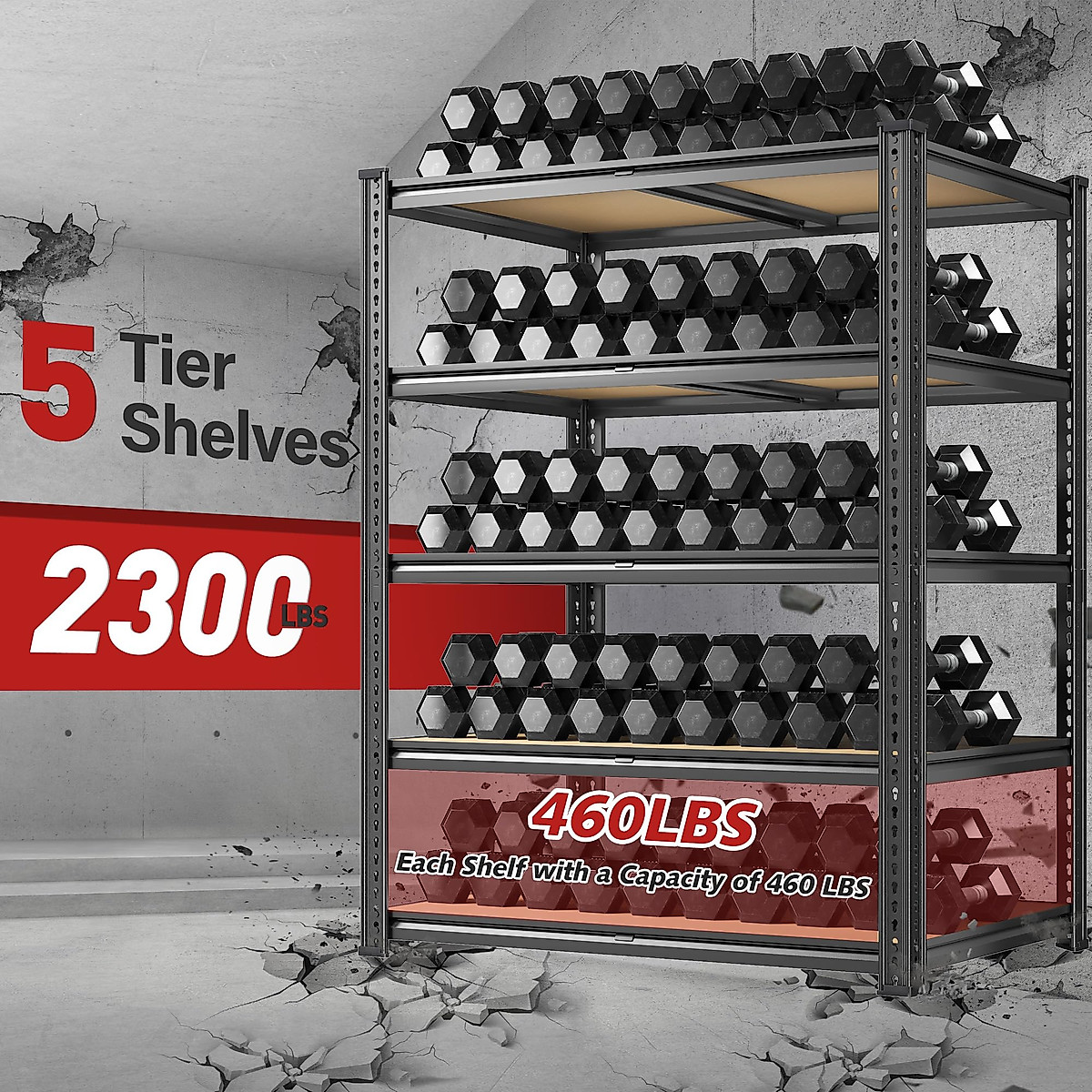 REIBII 72" H Storage Shelves 2300LBS Heavy Duty Garage Shelving Adjustable 5 Tier Garage Storage for Garage Kitchen Basement Industrial Metal Shelf Organizer Black