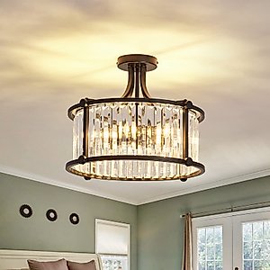 YYJLX 6-Light Black Semi Flush Mount Crystal Chandelier Metal Modern Ceiling Light Fixture Lighting for Living Room Dining Room Kitchen Bedroom Foyer Hallway