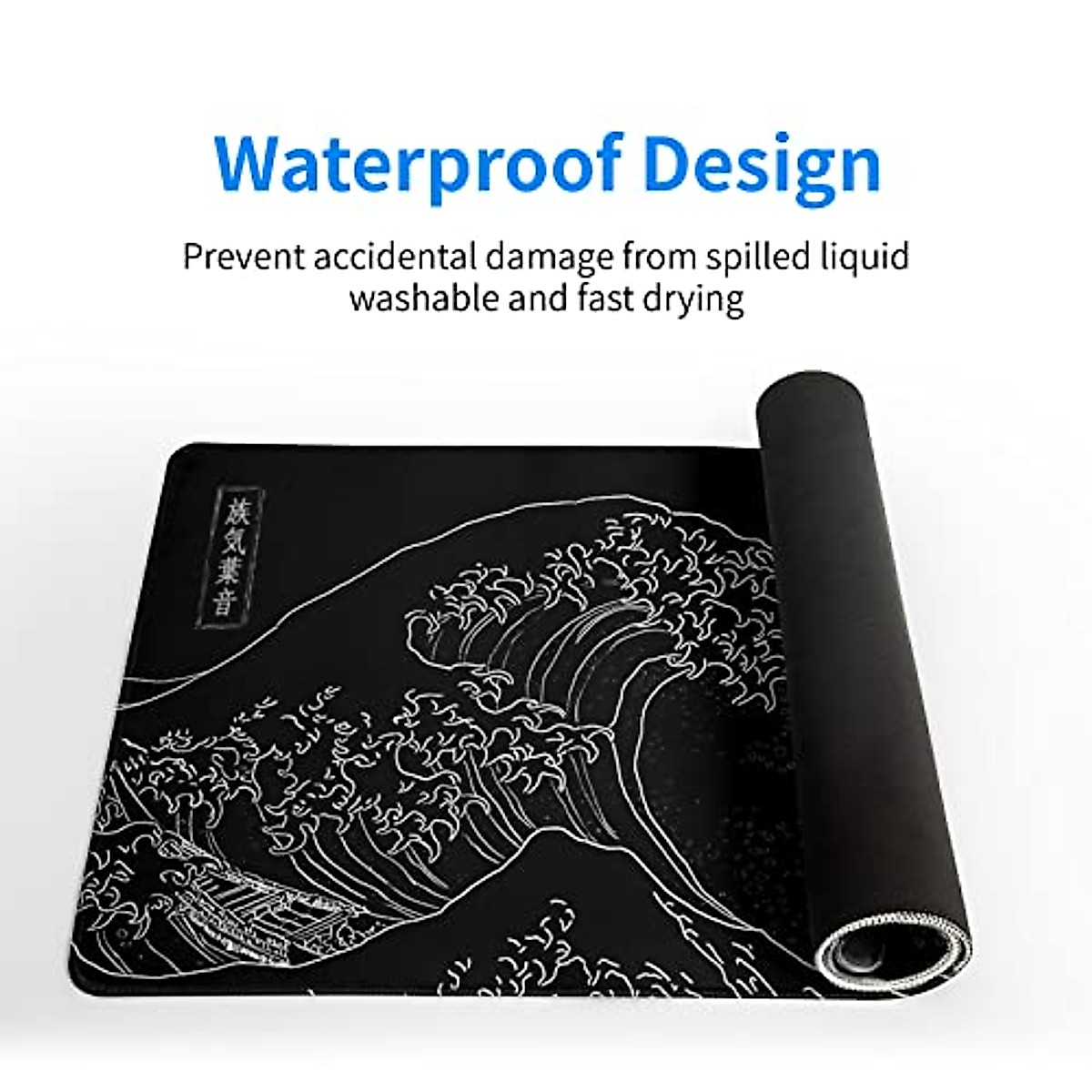 Japanese Sea Wave Gaming Mouse Pad 31.5x11.8 Inch Anime Black Mouse Pad Big Kanagawa Large Mousepad Extended Non-Slip Rubber Base Waterproof Big Keyboard Mat with Stitched Edges for Gaming and Office