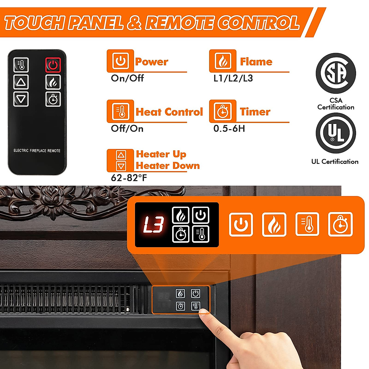 Tangkula 32’’Electric Fireplace with Mantle, Freestanding Fireplace Heater w/ 3D Realistic & Adjustable Flame, Remote Control, Overheat Protection, 1400 W Wooden Fireplace Mantel for Home (Brown)