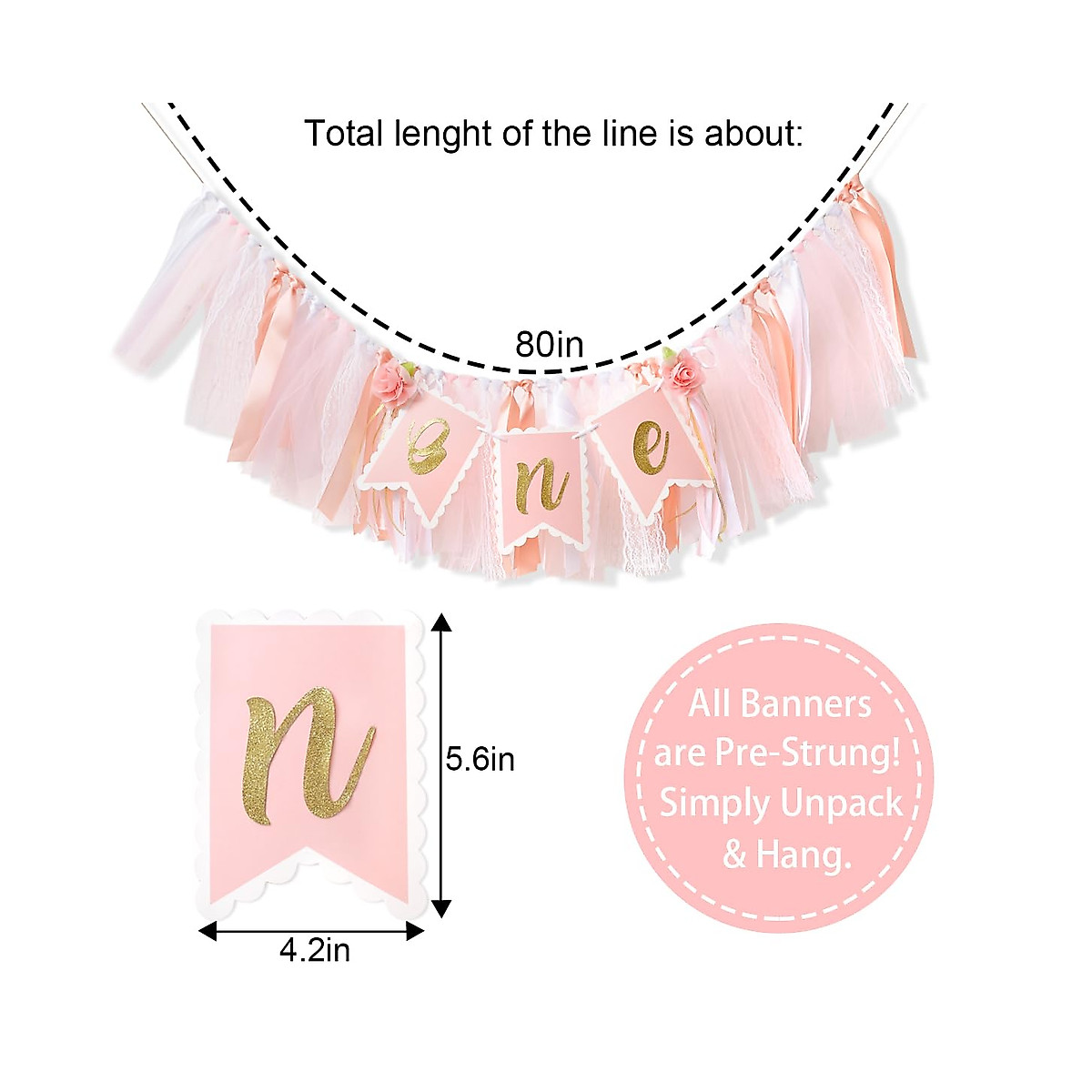 Rpvod Pink Floral 1st Birthday High Chair Banner - Lightweight, Hand Wash Only, 10 x 80 inches, Best Birthday Gift for Girls/Women/Babies