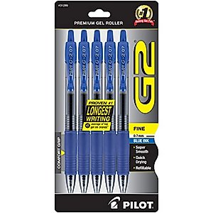 PILOT G2 Premium Refillable and Retractable Rolling Ball Gel Pens, Fine Point, Blue Ink, 5-Pack (31299)