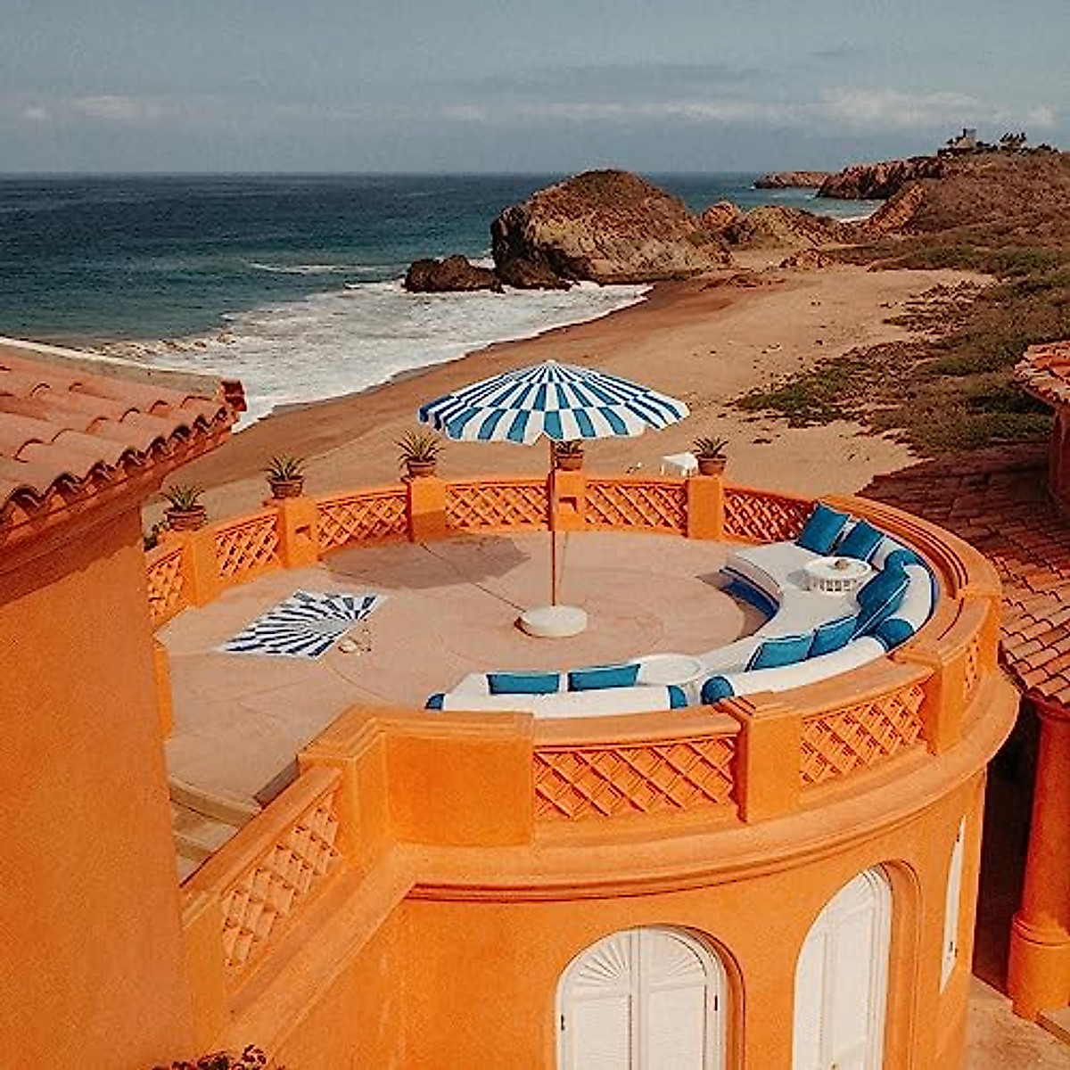 Business & Pleasure Co. Amalfi Umbrella - 7.2' Boho Beach Umbrella - Large & Sturdy Yet Lightweight - UPF 50+ UV-Resistant Canvas, Classic Spiral Blue