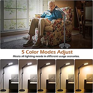 5X Magnifying Glass with Light and Stand, Krstlv LED 5 Color Modes, Stepless Dimmable Magnifying Floor Lamp, 3-in-1 Adjustable Swing Arm Lighted Magnifier Lamp with Clamp for Reading, Craft, Esthetic