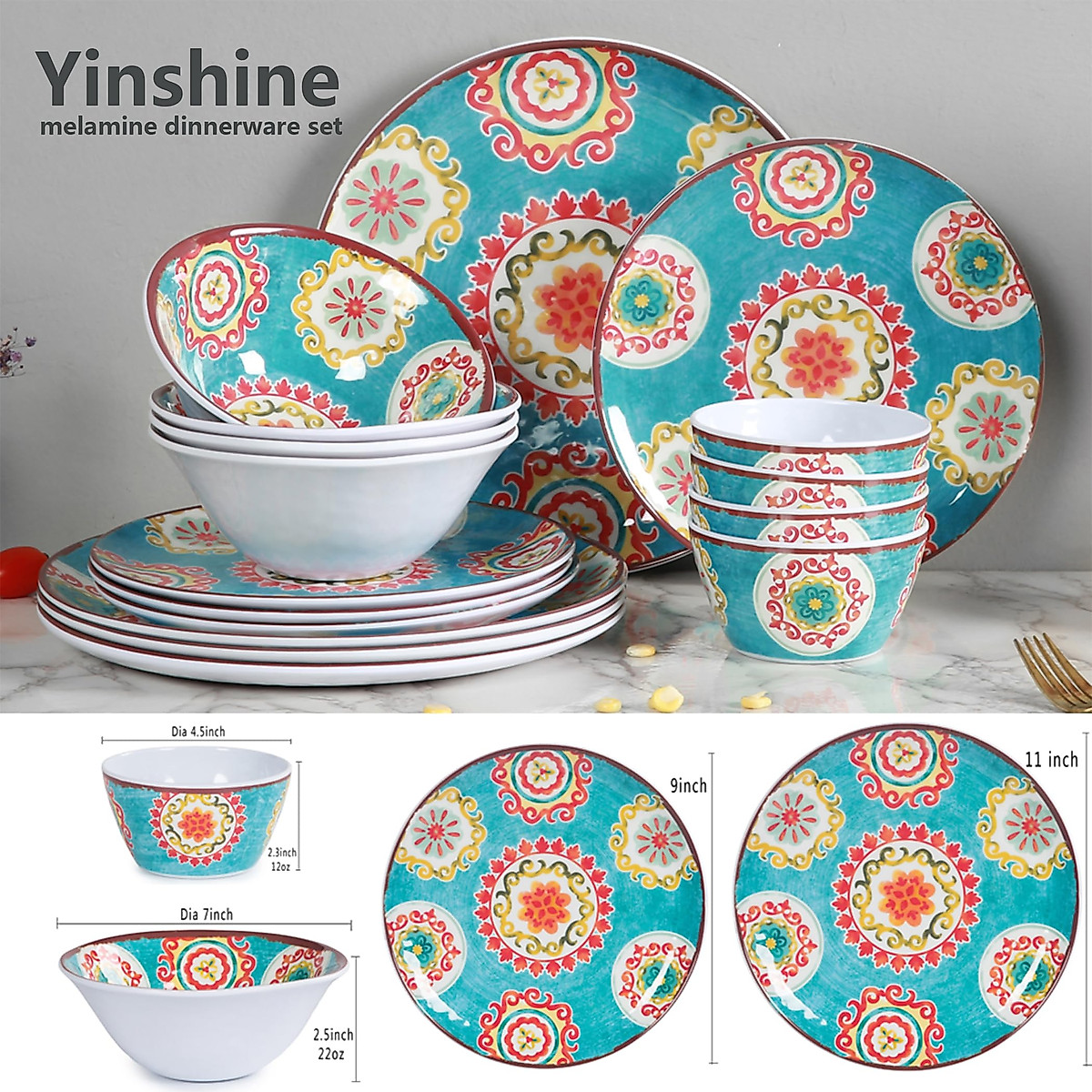Yinshine 16pcs Melamine Dinnerware Set for 4, Outdoor and Indoor Dinner Dishes Set for Everyday Use, Break-resistant, Turquoise