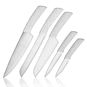 BINO 5-Piece Stainless Steel Kitchen Knives Set with Sheath - Speckled White | Chopping Knife | Serrated Utility Knife | Santoku Knife | Bread Knives | Cutting | Cooking | Meal Prep | Chefs Knife Set