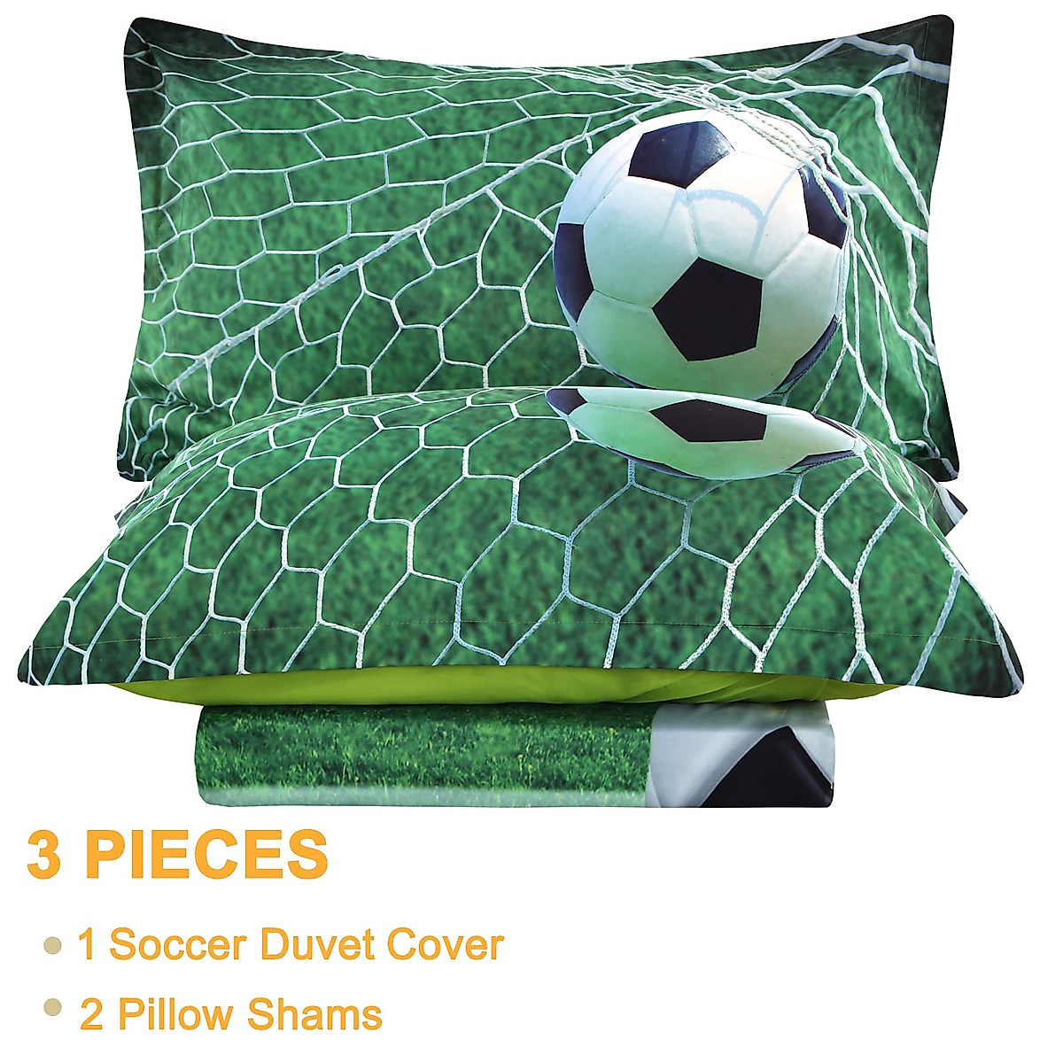 ENJOHOS Green Kids Duvet Cover Queen, 3 Piece 3D Soccer Bedding for All Season, Sports Theme Microfiber Comforter Cover Set with 2 Pillowcase（No Comforter No Fitted Sheet）