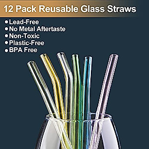 Reusable Glass Straws, 10mm Glass Drinking Straws, 6 Bent 6 Straight with 2 Cleaning Brushes, Non-Toxic, BPA Free Glass Straws for Beverages, Shakes, Milk Tea, Juices (Multicolor)