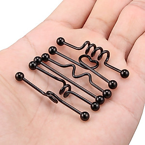 Ruifan 6PCS Industrial Barbell Earring Stainless Steel 14 Gauge Cartilage Earring Body Piercing 1 1/2 Inch(38mm)- Straight,Coil,Wave,Twister,Spiral,Heart(Black)