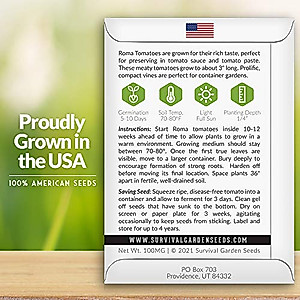 Survival Garden Seeds - Roma Tomato Seed for Planting - Packet with Instructions to Plant and Grow Italian Roma Tomatoes in Your Home Vegetable Garden - Canning Favorite - Non-GMO Heirloom Variety