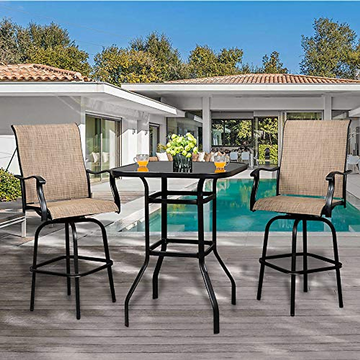 VINGLI Upgraded Outdoor Swivel Bar Stools Outdoor Patio Chairs Set of 2, Metal Outdoor Bar Stools Bar Set Outdoor Stools Bar Height Chairs Set Outside Chairs (Black)