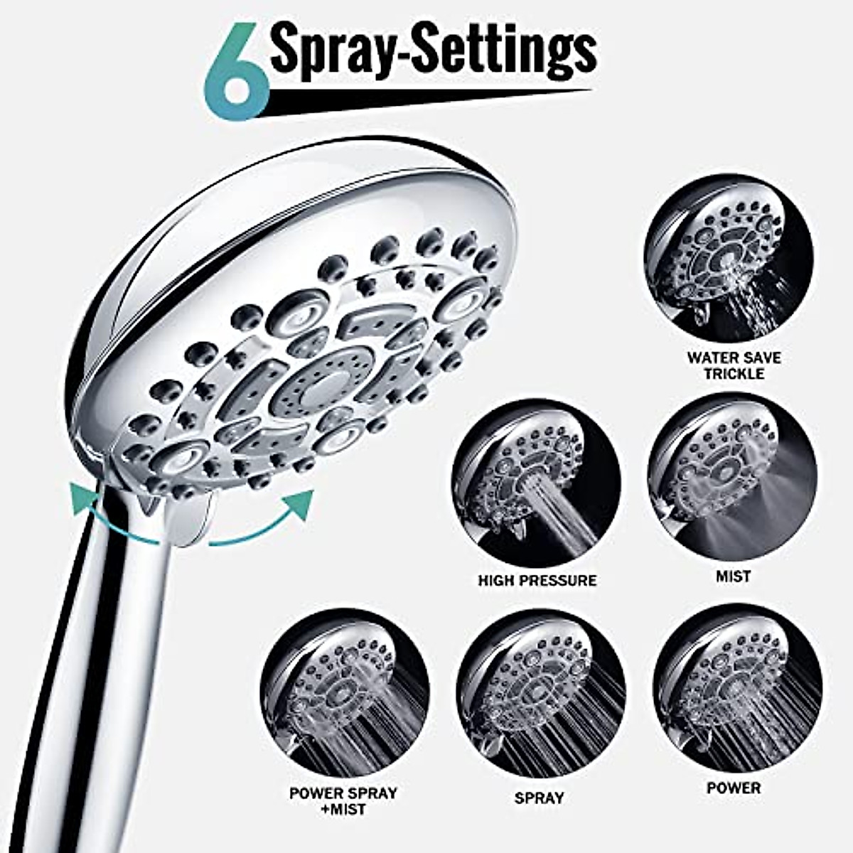 Shower Head, SR SUN RISE 6-Settings 5" High Pressure Handheld Shower Head Set with 2.45 Meter/96 Inch/ 8 FT Long Shower Hose and Shower Arm Mount with Brass Ball Joint,Chrome
