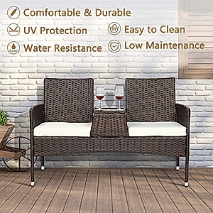 Zeaxar 131 * 61 * 83cm Brown Gradient Rattan Lover Chair Outdoor Furniture Set with Removable Cushion and Tempered Glass Tabletop Modern Rattan Bench for Garden Lawn Backyard