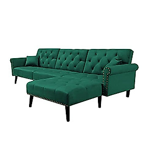 115¡±W Button Tufted Velvet Convertible Sectional Sofa Bed Sleeper with Reversible Chaise & 2 Pillows Indoor Modular Sofa (Green)