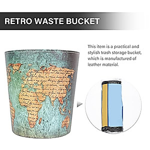 Cabilock Office Decor Retro Waste Bucket Leather Trash Can Paper Wastebasket: Waste Paper Bin European British Style Garbage Can Uncovered Waste Bin World Map Pattern Waste Paper Basket Car Decor