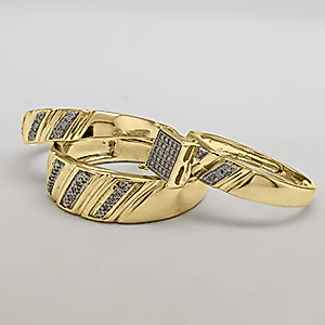 Pretty Jewels 10k Yellow Gold 0.20 Carat (ctw) Round Cut Natural White Diamond Three Row Anniversary Wedding Trio Ring Sets For His & Her (Color: H-I, Clarity: I1-I2) Wsize-4.5 & Msize-9.5