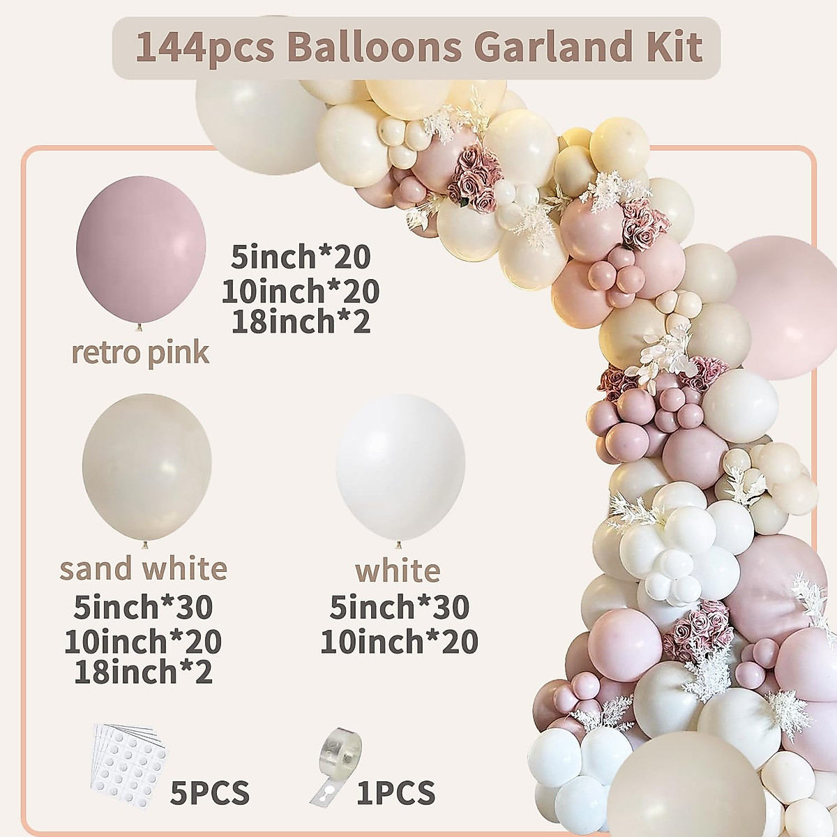 Fog Pink Sand White Boho Ballloons, 144pcs Blush Beige White Pink Balloons for Girl Women Baby Shower Bride Shower Party Decorations……