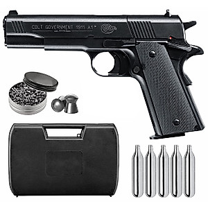 Umarex Colt Government 1911 A1 CO2 Semi Auto Air Pistol Pellets Airgun with 5X 12gr CO2 Tanks and Wearable4U Pack of 500 .177 Lead Pellets Bundle (Black)