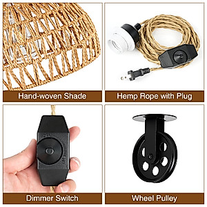 Rattan Plug in Pendant Light, Boho Hanging Lights with Plug in Cord 15ft, Handwoven Hemp Rope Chandelier Light Fixtures with Dimmer Switch for Bedroom Living Dinning Room Kitchen