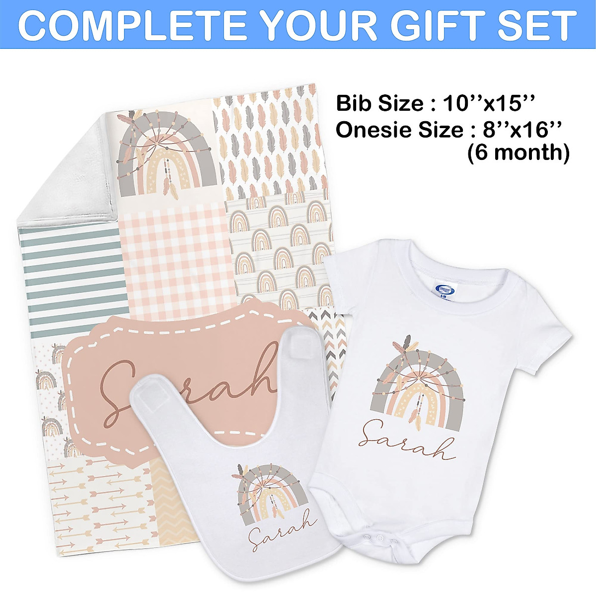 Voz Personalized Baby Blankets with Name, Customized Baby Blankets for Girls- Boho Rainbow Baby Blanket, Best Gift for Baby, Mom, born, 30 x 40 inch, Super Soft Plush Fleece (R2)