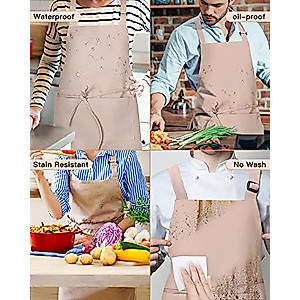 Hugitout Chef Apron Unisex with Adjustable Straps and Two Pockets For Work Uniform, Bib Apron Waterproof, oil-proof Stain Resistant, No Wash(Khaki)