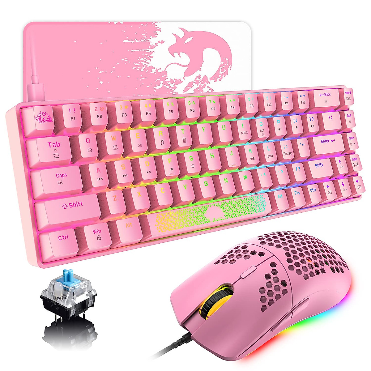 60% Ture Mechanical Gaming Keyboard and Mouse Combo Samll Mini RGB Chroma 68Key Keyboard, Detachable USB Type-C Cable，Lightweight 6400DPI Honeycomb Mouse Compatible with PS4,Xbox,PC,Laptop,MAC