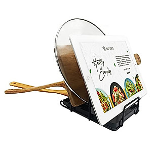 SUNFCON Upgraded Pot Pan Lids Holder Large Cookbook Stand Spoon Rest Cutting Board Rack Chopping Board Organizer Stand w Drip Tray Kitchen Countertop Black